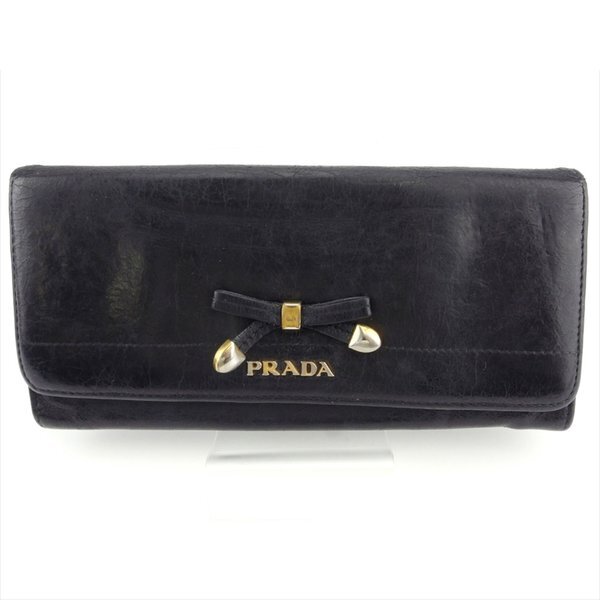 【BIGお買い物ラリー★30%OFFセール中】プラダ PRADA 長財布リボン ブラック ゴールド レディース 中古