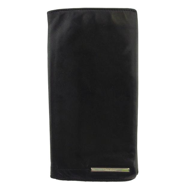 【BIGお買い物ラリー★30%OFFセール中】サルヴァトーレフェラガモ Salvatore Ferragamo 札入れロゴプレート ブラック シルバー レディース 中古