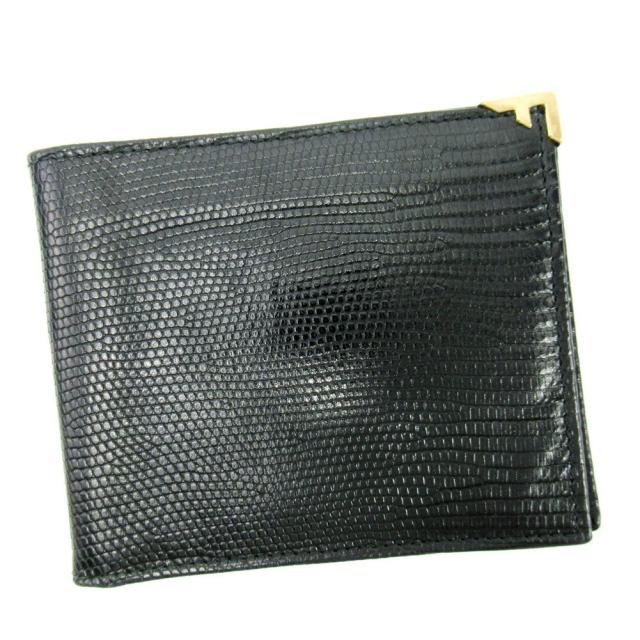【BIGお買い物ラリー★30%OFFセール中】サルヴァトーレフェラガモ Salvatore Ferragamo 二つ折り財布リザード型押し ブラック レディース 中古