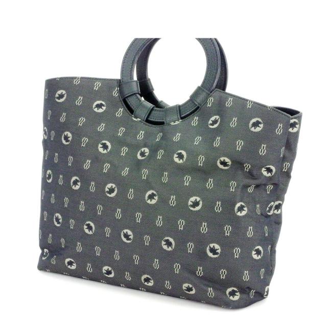 【BIGお買い物ラリー★30%OFFセール中】ハンティングワールド HUNTING WORLD ハンドバッグロゴモチーフ柄 サークルハンドル ネイビー グレー 灰色 レディース 中古