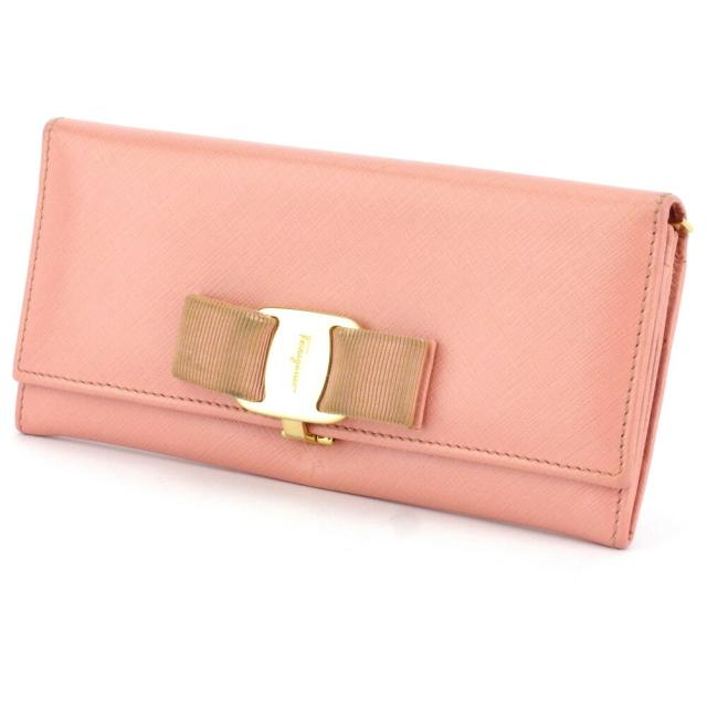 【BIGお買い物ラリー★30%OFFセール中】サルヴァトーレフェラガモ Salvatore Ferragamo 長財布ヴァラリボン ピンク ゴールド レディース 中古