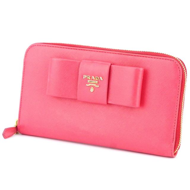【BIGお買い物ラリー★30%OFFセール中】プラダ PRADA 長財布リボン ピンク ゴールド レディース 中古