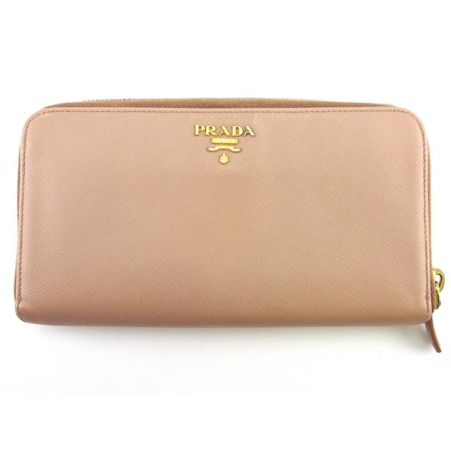 【BIGお買い物ラリー★30%OFFセール中】プラダ PRADA 長財布ロゴ ピンク ベージュ ゴールド レディース 中古