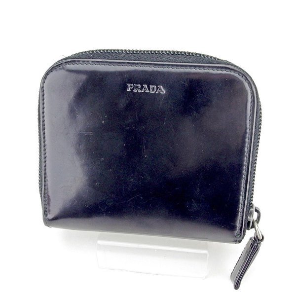 【BIGお買い物ラリー★30%OFFセール中】プラダ PRADA 二つ折り財布ロゴ ブラック シルバー レディース 中古