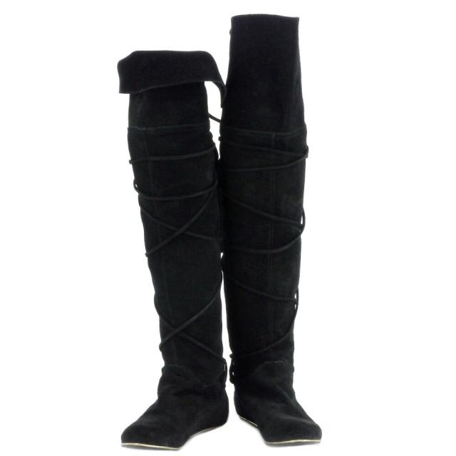 【BIGお買い物ラリー★30%OFFセール中】セルジオロッシ Sergio Rossi ブーツニーハイ ♯35 レースアップ ブラック ゴールド レディース 中古