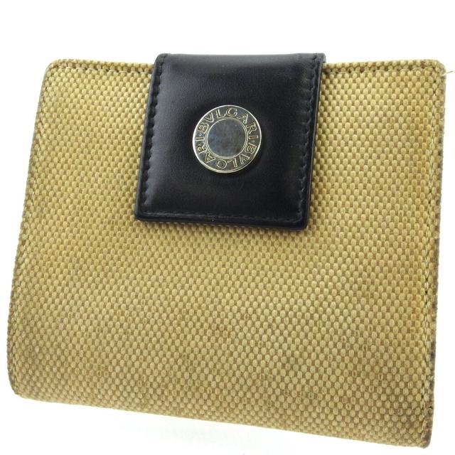【BIGお買い物ラリー★30%OFFセール中】ブルガリ BVLGARI 二つ折り財布ロゴボタン 異素材コンビ ベージュ ブラック シルバー レディース 中古