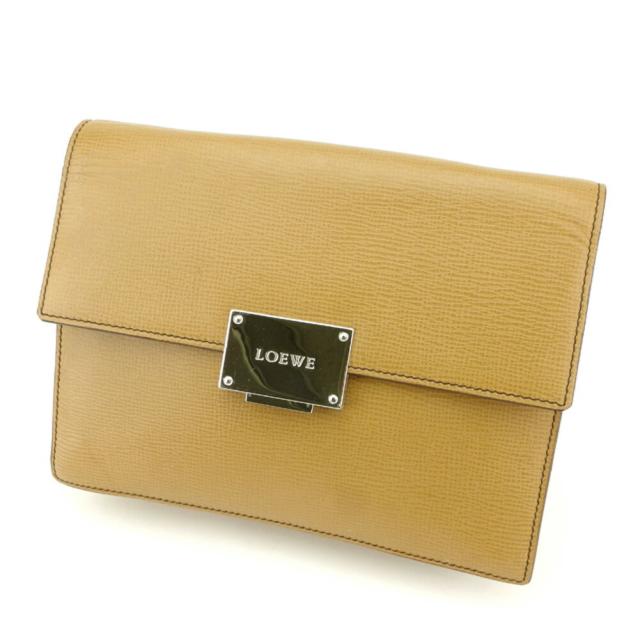 【BIGお買い物ラリー★30%OFFセール中】ロエベ LOEWE クラッチバッグロゴプレート ベージュ シルバー レディース 中古