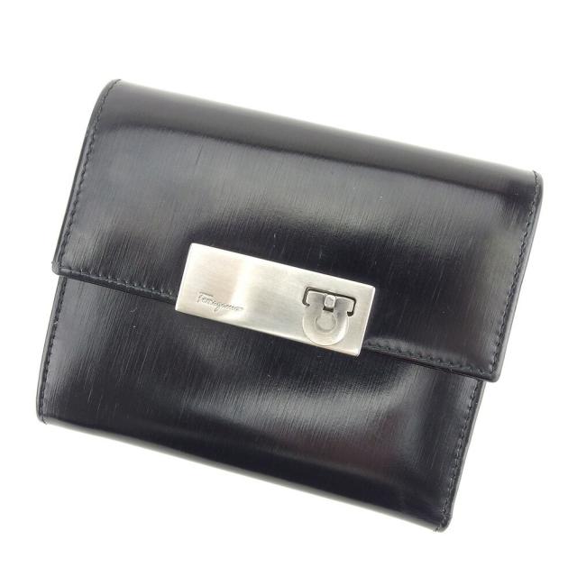 【BIGお買い物ラリー★30%OFFセール中】サルヴァトーレフェラガモ Salvatore Ferragamo 三つ折り財布ガンチーニ ブラック シルバー レディース 中古