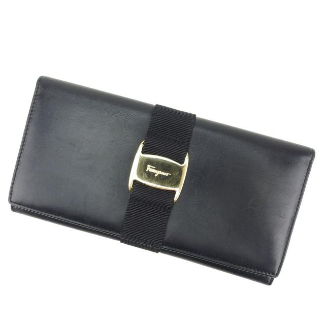 【X'masセール★30%OFF】サルヴァトーレフェラガモ Salvatore Ferragamo 長財布ヴァラ ブラック ゴールド レディース 中古