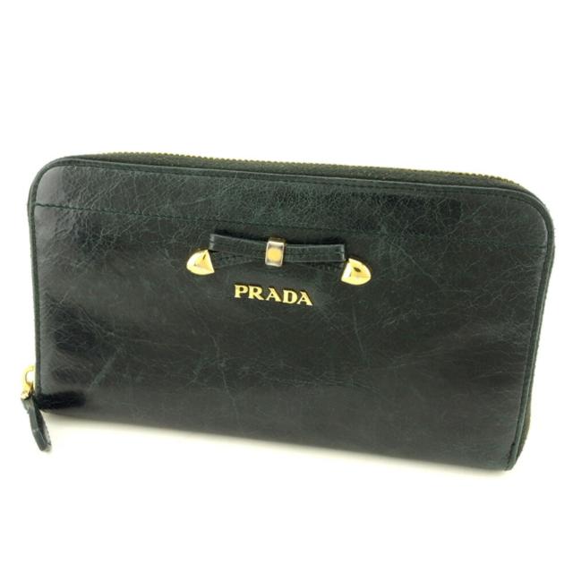 【BIGお買い物ラリー★30%OFFセール中】プラダ PRADA 長財布リボンモチーフ グリーン ゴールド レディース 中古