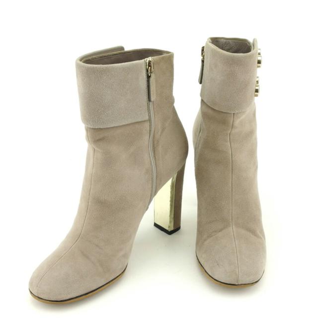 【X'masセール★30%OFF】グッチ GUCCI ブーツショート ♯37ハーフ ロゴボタン グレー 灰色 ゴールド レディース 中古