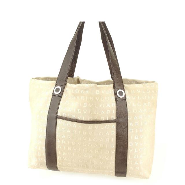 【X'masセール★30%OFF】ブルガリ BVLGARI トートバッグロゴマニア ベージュ ブラウン レディース 中古