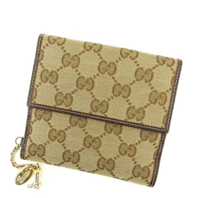 【BIGお買い物ラリー★30%OFFセール中】グッチ GUCCI 二つ折り財布ＧＧキャンバス ブーツチャーム付き ベージュ ブラウン ゴールド レディース 中古