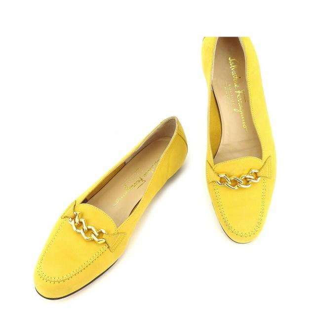 【BIGお買い物ラリー★30%OFFセール中】サルヴァトーレフェラガモ Salvatore Ferragamo パンプスチェーントゥ ♯5C ローファー イエロー ゴールド ブラック レディース 中古
