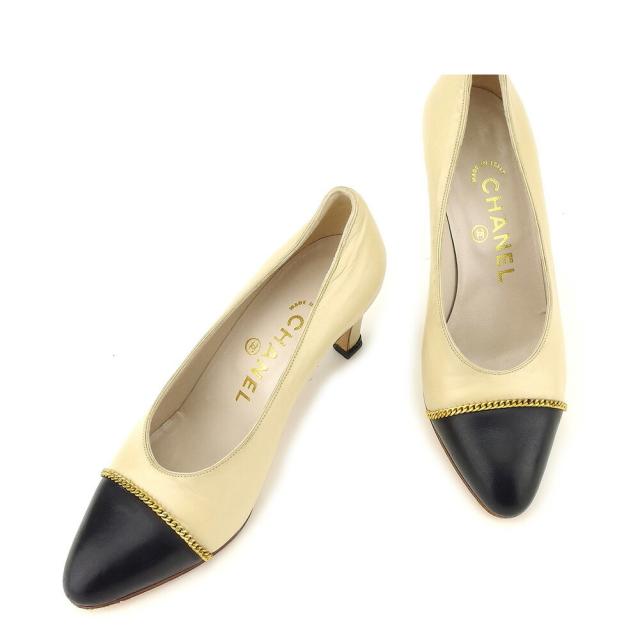 【BIGお買い物ラリー★30%OFFセール中】シャネル CHANEL パンプスバイカラー ♯34ハーフ チェーントゥ ベージュ ブラック ゴールド レディース 中古
