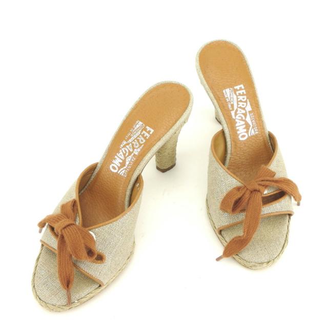 【X'masセール★30%OFF】サルヴァトーレフェラガモ Salvatore Ferragamo サンダルリボン ♯5ハーフC ミュール ベージュ ブラウン レディース 中古