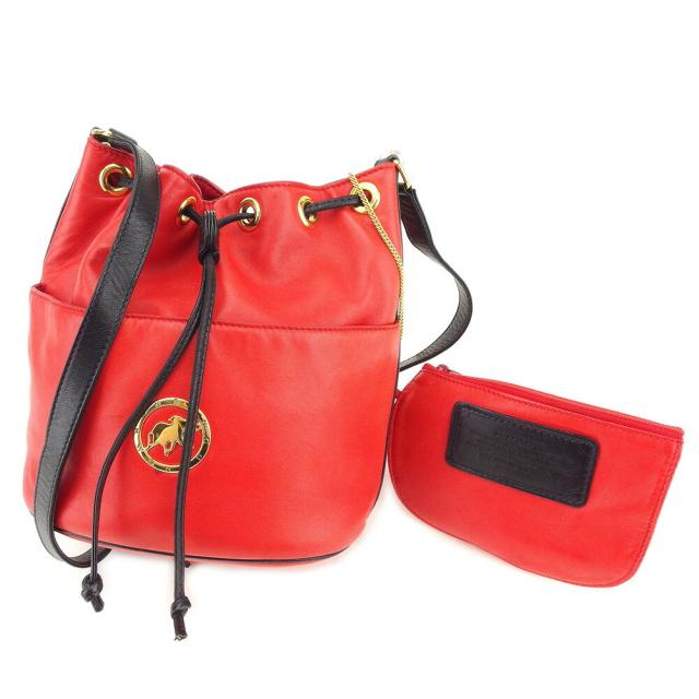 【BIGお買い物ラリー★30%OFFセール中】ハンティングワールド HUNTING WORLD ショルダーバッグエレファントマーク レッド　ブラック レディース 中古