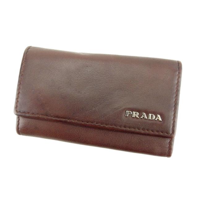 【X'masセール★30%OFF】プラダ PRADA キーケースロゴ ブラウン シルバー レディース 中古