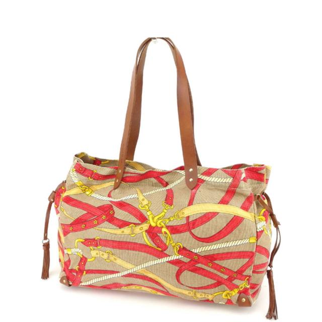 【X'masセール★30%OFF】ミュウミュウ MIUMIU トートバッグベルト柄 タッセル付き ベージュ ブラウン レッド系 レディース 中古