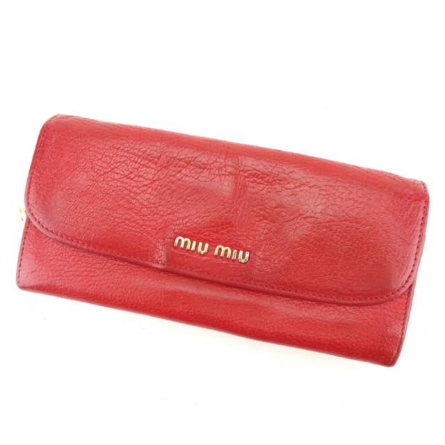 【BIGお買い物ラリー★30%OFFセール中】ミュウミュウ MIUMIU 長財布ロゴ レッド ゴールド レディース 中古