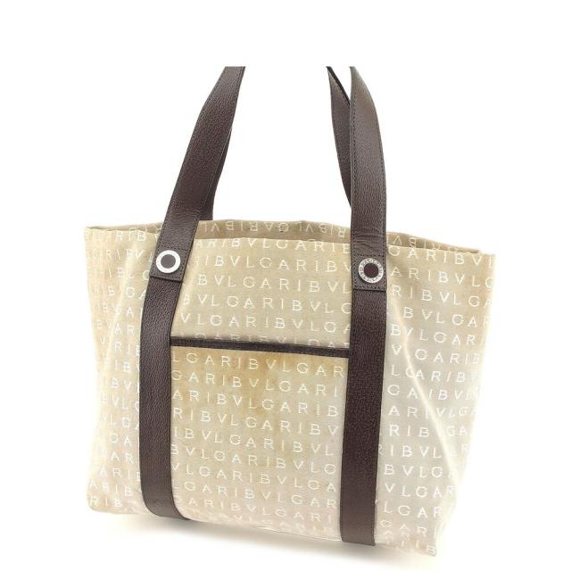 【BIGお買い物ラリー★30%OFFセール中】ブルガリ BVLGARI トートバッグロゴマニア ベージュ ブラウン シルバー レディース 中古