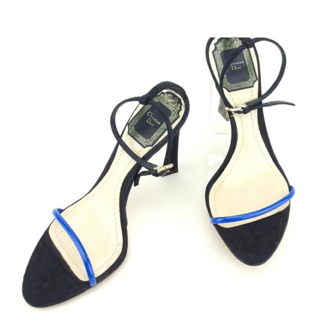 【BIGお買い物ラリー★30%OFFセール中】ディオール Dior サンダルアンクルストラップ ♯35ハーフ ピンヒール ネイビー ブルー ゴールド レディース 中古