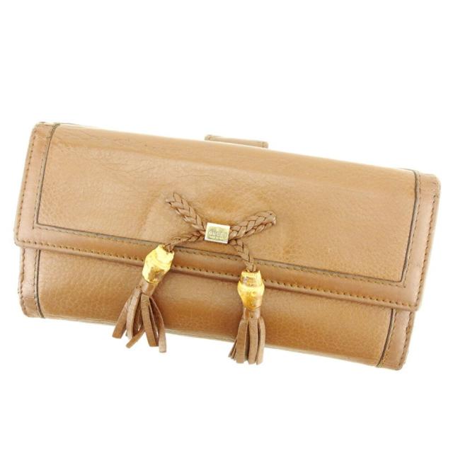 【BIGお買い物ラリー★30%OFFセール中】グッチ GUCCI 長財布バンブータッセル リボンモチーフ ブラウン ベージュ ゴールド レディース 中古