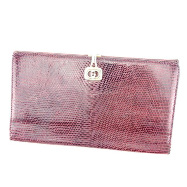 【BIGお買い物ラリー★30%OFFセール中】グッチ GUCCI 長財布リザード インターロッキングG ボルドー シルバー ゴールド レディース 中古