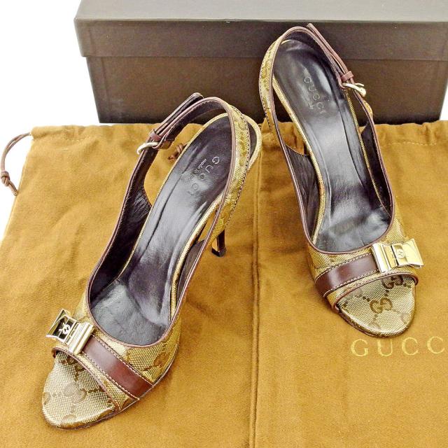 【X'masセール★30%OFF】グッチ GUCCI パンプスクリスタルGG ♯36C リボンプレート ベージュ ブラウン ゴールド レディース 中古