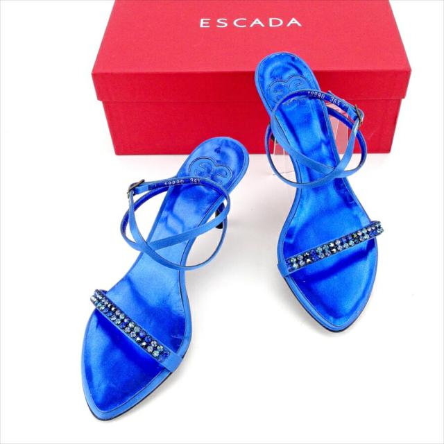 【BIGお買い物ラリー★30%OFFセール中】エスカーダ ESCADA サンダルラインストーン ♯36ハーフ アンクルストラップ ブルー ブラック レディース 中古