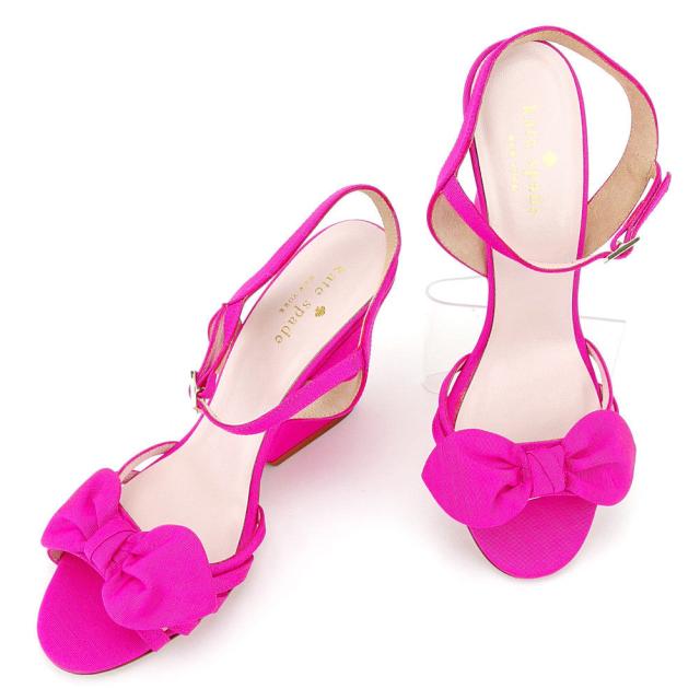 【BIGお買い物ラリー★30%OFFセール中】ケイトスペード Kate Spade サンダルリボンモチーフ ♯5ハーフC ウェッジソール ピンク ゴールド レディース 中古