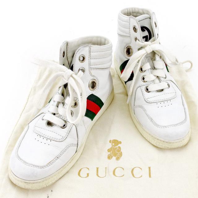 【X'masセール★30%OFF】グッチ GUCCI スニーカーキッズ ウェビングライン ♯30 ハイカット ホワイト×グリーン×レッド系 レディース 中古