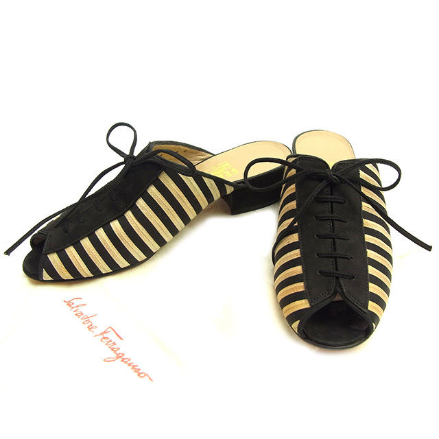 【X'masセール★30%OFF】サルヴァトーレフェラガモ Salvatore Ferragamo サンダル編み上げ ブラック×ベージュ レディース 中古