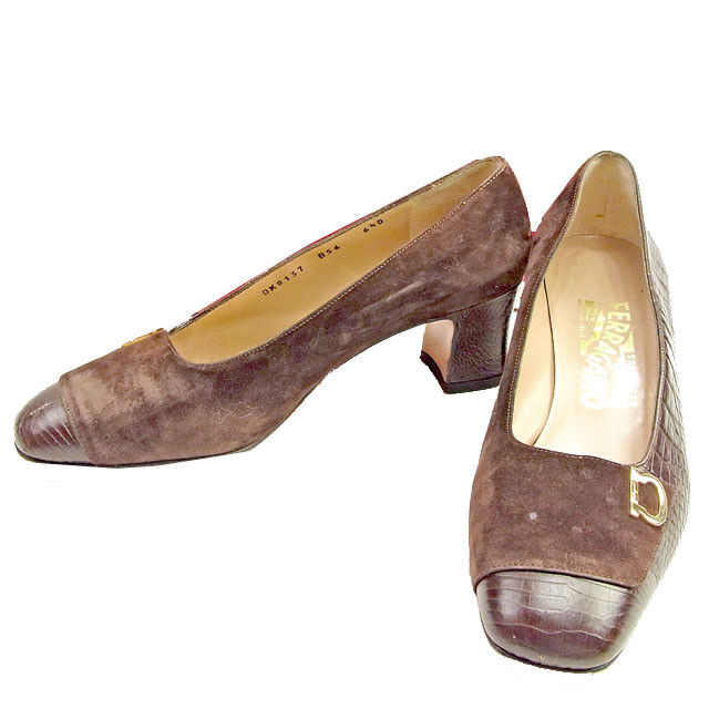 【BIGお買い物ラリー★30%OFFセール中】サルヴァトーレフェラガモ Salvatore Ferragamo パンプスクロコダイル型押し ブラウン レディース 中古
