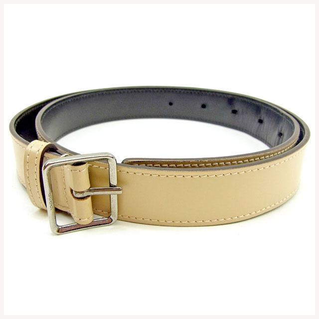 【BIGお買い物ラリー★30%OFFセール中】グッチ GUCCI ベルトミニロゴプレート ベージュ×シルバー レディース 中古