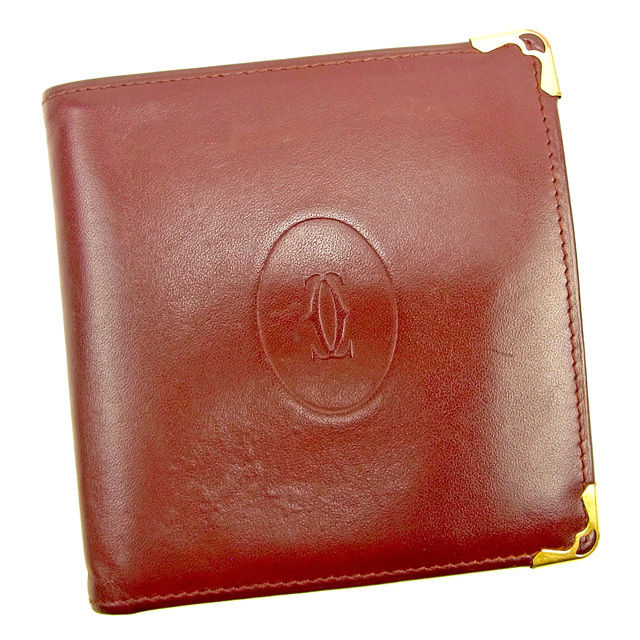 【BIGお買い物ラリー★30%OFFセール中】カルティエ CARTIER 二つ折り財布マストライン ボルドー×ゴールド レディース 中古