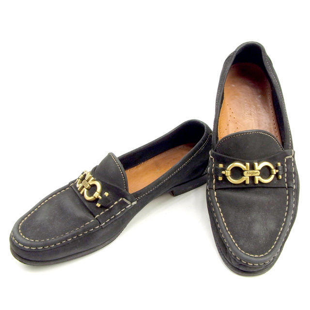 【BIGお買い物ラリー★30%OFFセール中】サルヴァトーレフェラガモ Salvatore Ferragamo ローファーガンチーニ金具 ♯6B ブラック×ゴールド レディース 中古