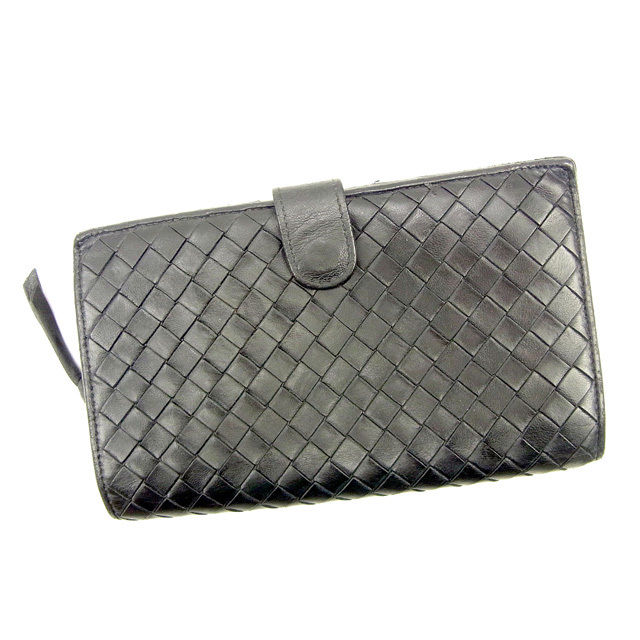 【X'masセール★30%OFF】ボッテガヴェネタ BOTTEGAVENETA 長財布イントレチャート ブラック×ゴールド レディース 中古