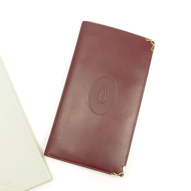 【BIGお買い物ラリー★30%OFFセール中】カルティエ CARTIER 札入れマストライン ボルドー×ゴールド レディース 中古
