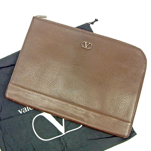 【BIGお買い物ラリー★30%OFFセール中】ヴァレンティノ・ガラヴァーニ Valentino Garavani クラッチバッグVマーク ダークブラウン系 レディース 中古
