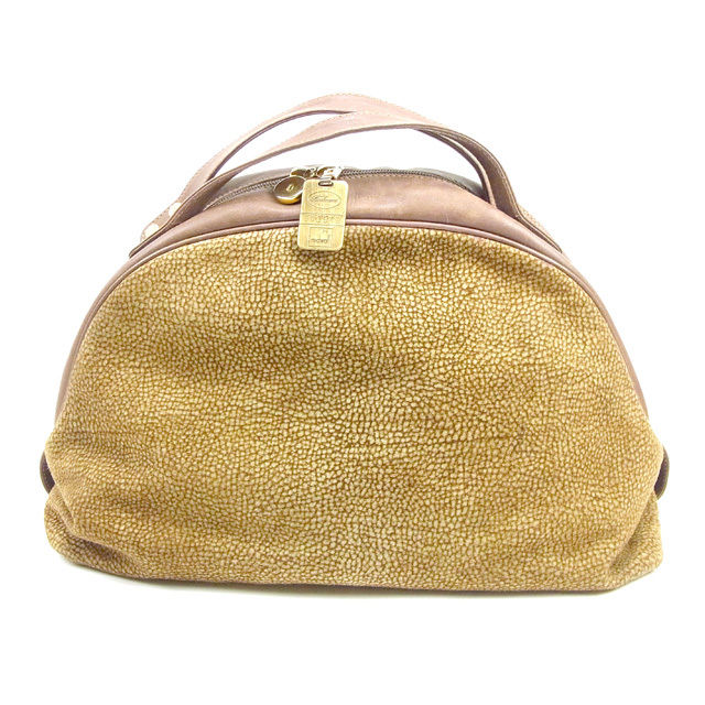【BIGお買い物ラリー★30%OFFセール中】ボルボネーゼ BORBONESE ハンドバッグウズラ柄 reawallタグ付き ベージュ×ブラウン×ゴールド レディース 中古