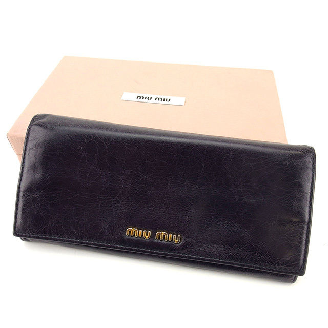 【BIGお買い物ラリー★30%OFFセール中】ミュウミュウ MIUMIU 長財布 ブラック×ピンク レディース 中古