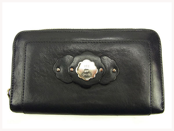 【BIGお買い物ラリー★30%OFFセール中】シーバイクロエ SEE BY CHLOE 長財布ロゴプレート ブラック×シルバー系 レディース 中古