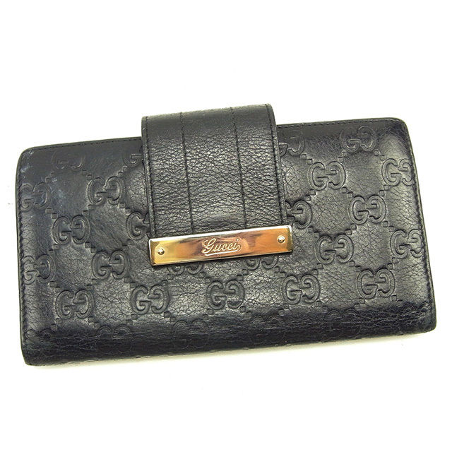 【BIGお買い物ラリー★30%OFFセール中】グッチ GUCCI 長財布グッチシマ ブラック×ゴールド レディース 中古