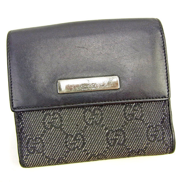 【BIGお買い物ラリー★30%OFFセール中】グッチ GUCCI 二つ折り財布ＧＧキャンバス ブラック×グレー レディース 中古