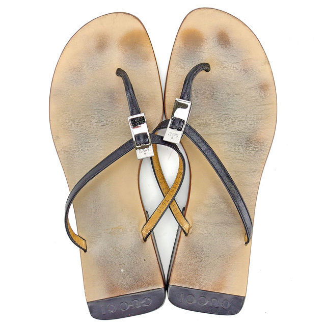 【BIGお買い物ラリー★30%OFFセール中】グッチ GUCCI サンダルトング ロゴプレート ♯36ハーフC ブラック×シルバー系 レディース 中古