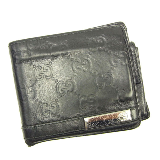 【BIGお買い物ラリー★30%OFFセール中】グッチ GUCCI 二つ折り財布グッチシマ ブラック×シルバー レディース 中古