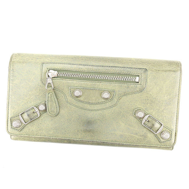 【X'masセール★30%OFF】バレンシアガ BALENCIAGA 長財布ジャイアントマネー カーキ×シルバー レディース 中古