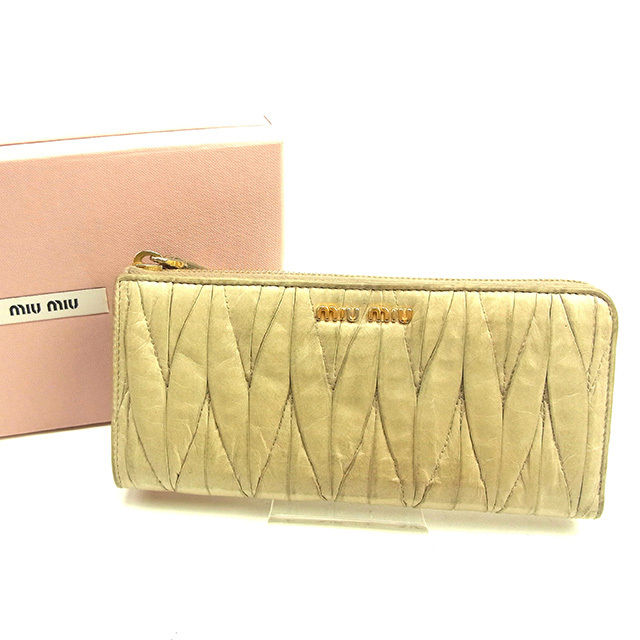 【X'masセール★30%OFF】ミュウミュウ MIUMIU 長財布マテラッセ ベージュ×ゴールド レディース 中古