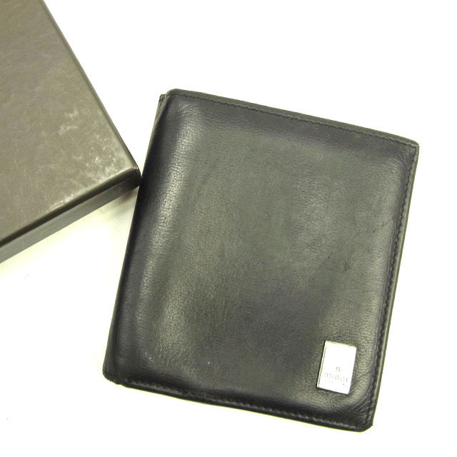 【BIGお買い物ラリー★30%OFFセール中】グッチ GUCCI 二つ折り財布ロゴプレート ブラック×シルバー レディース 中古